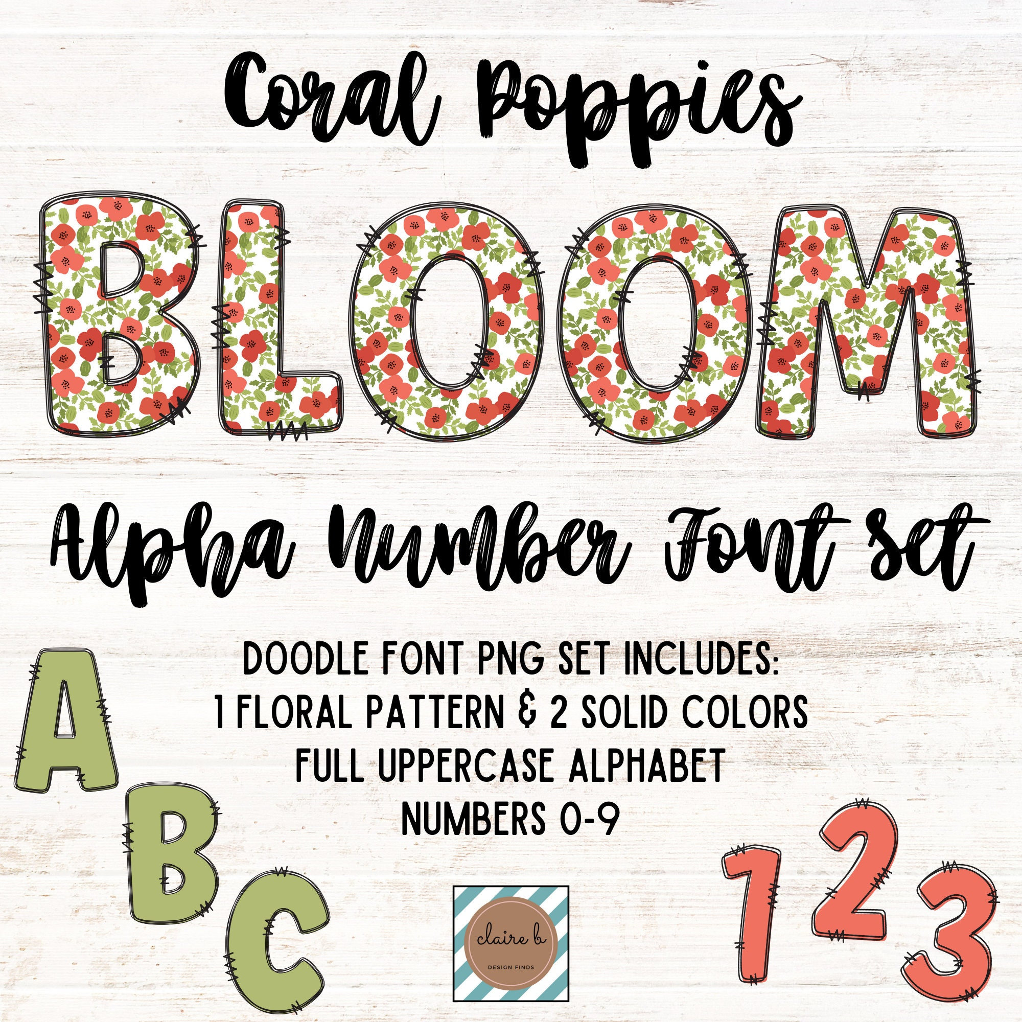Coral Poppies/solid Doodle Font Alphabet Numbers Set With 108 PNG ...