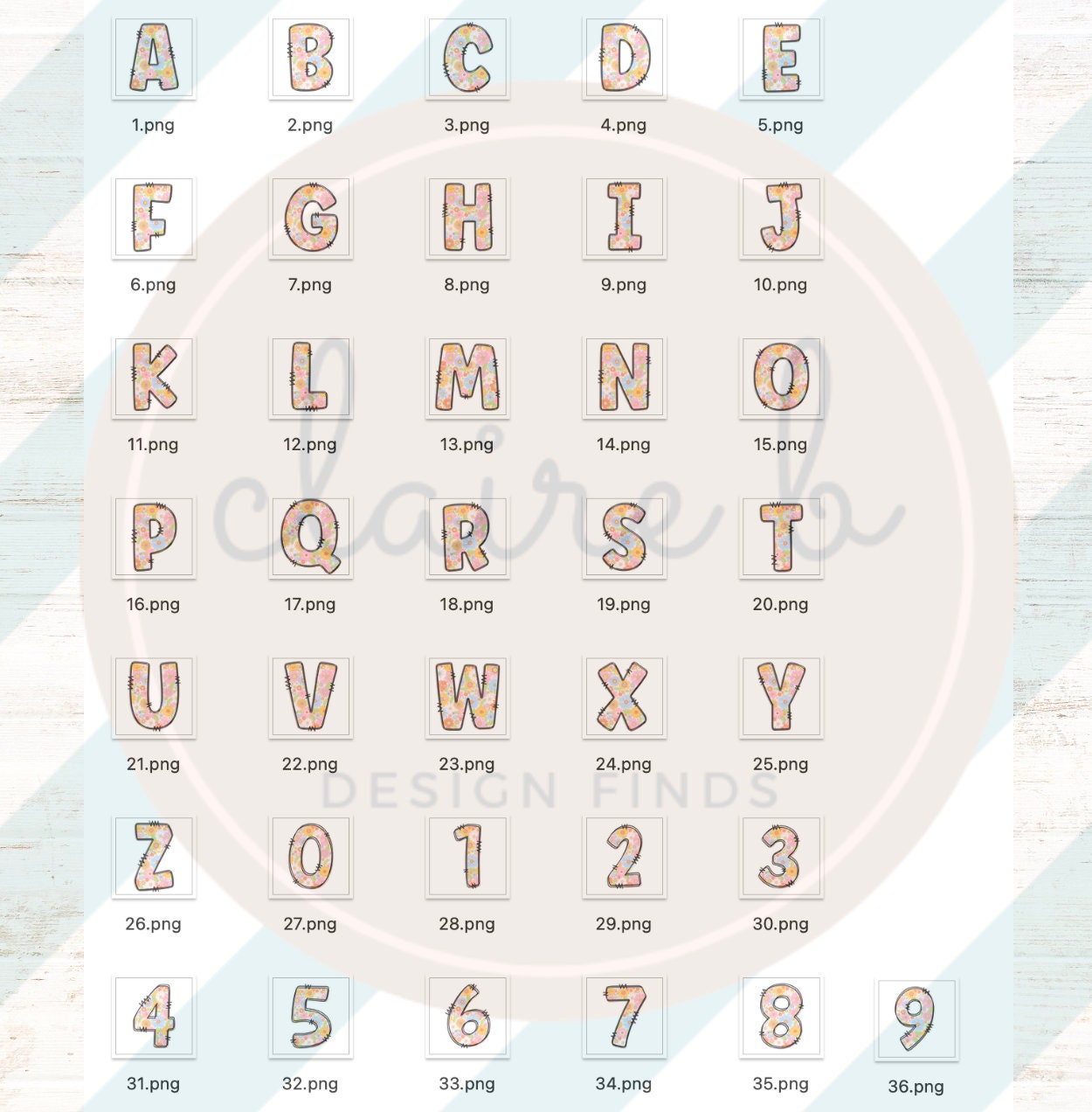 Pastel Flowers/solid Doodle Font Alphabet Numbers Set With 180 PNG ...