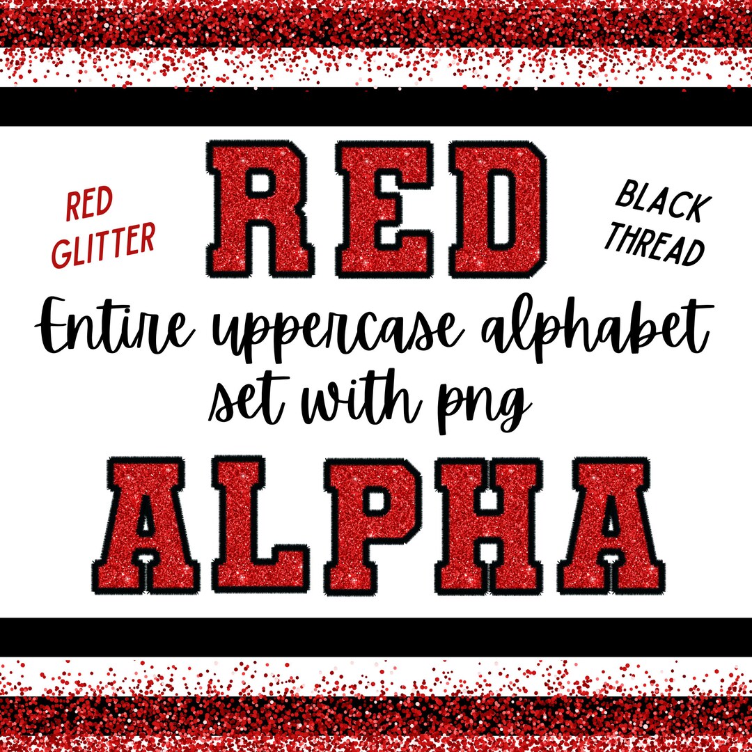 Faux Embroidered Black Thread Red Glitter Varsity Block Letters PNG ...