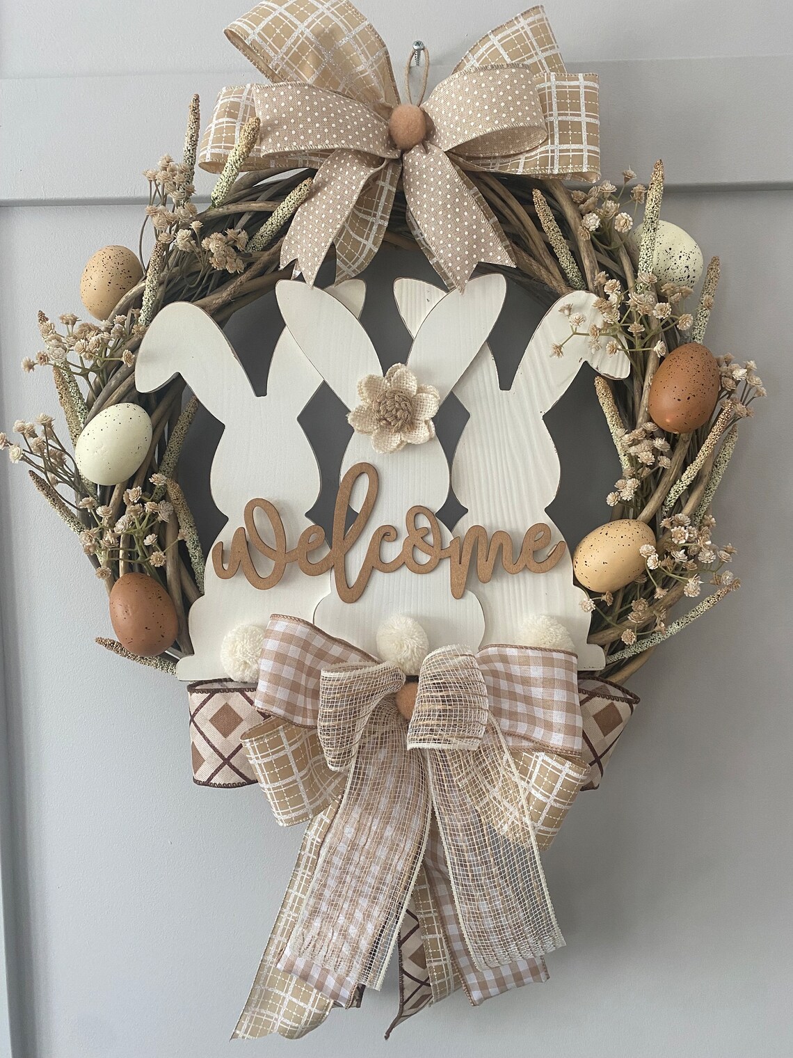 Easter Rabbits Willow Wreath, White and Beige Rabbits Wreath, Easter ...