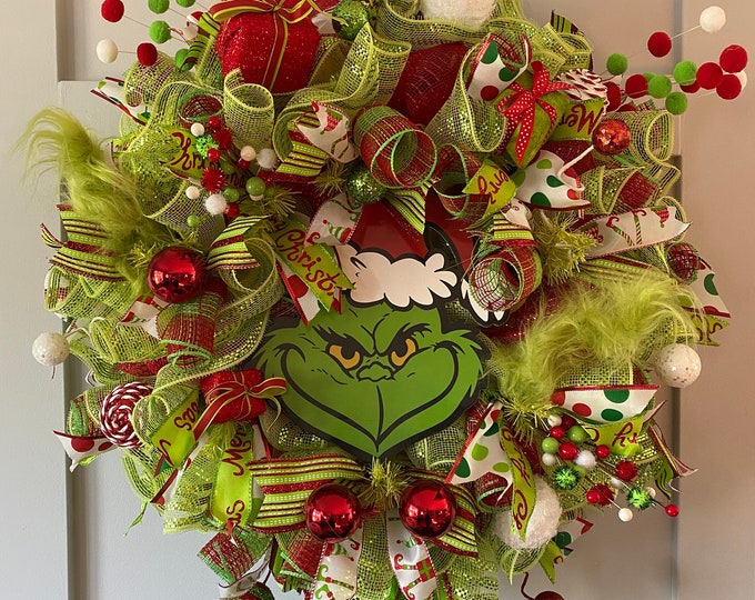 Grinch Wreath Grinch Theme Wreath Christmas Grinch Green - Etsy