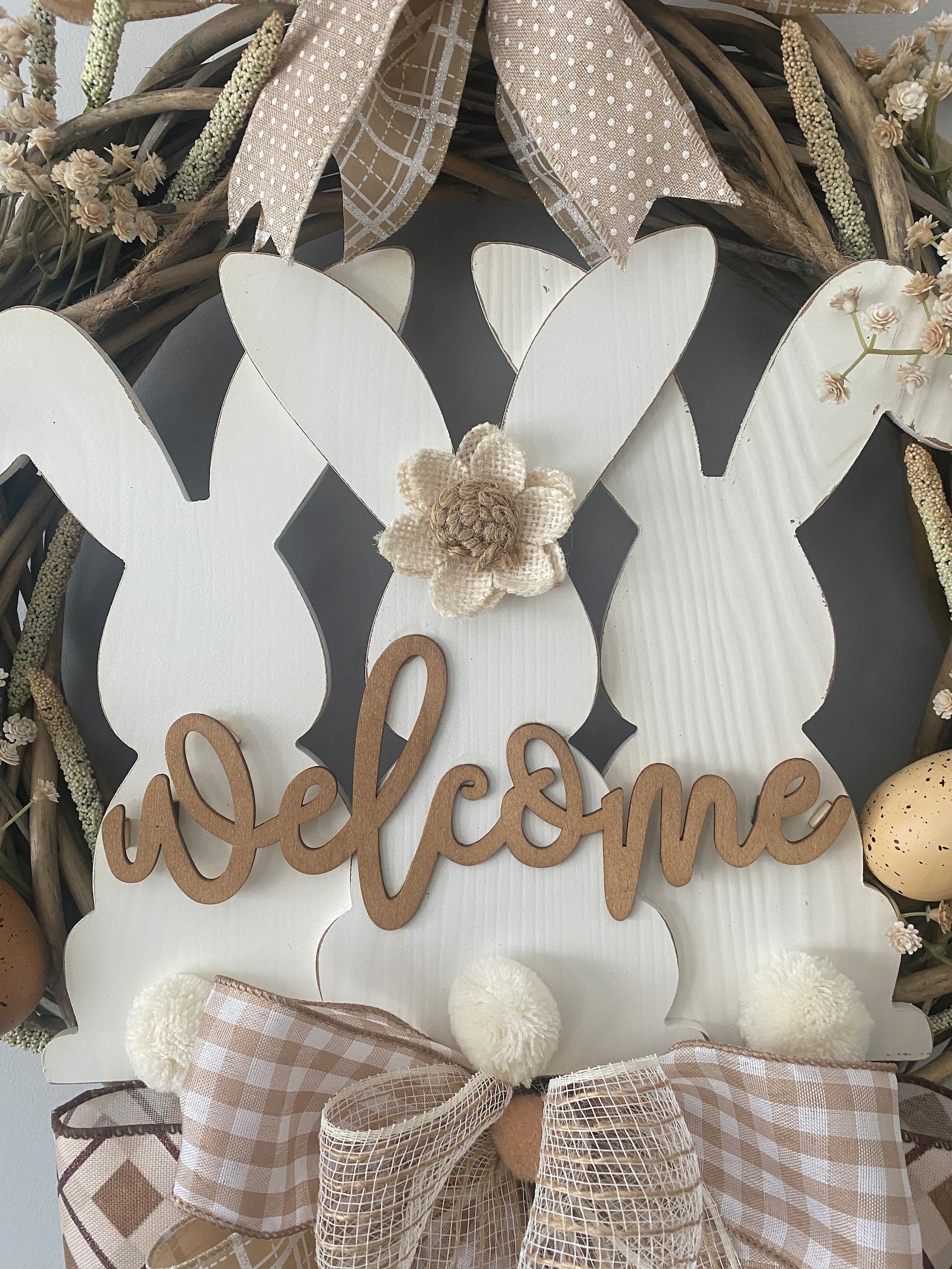 Easter Rabbits Willow Wreath, White and Beige Rabbits Wreath, Easter ...