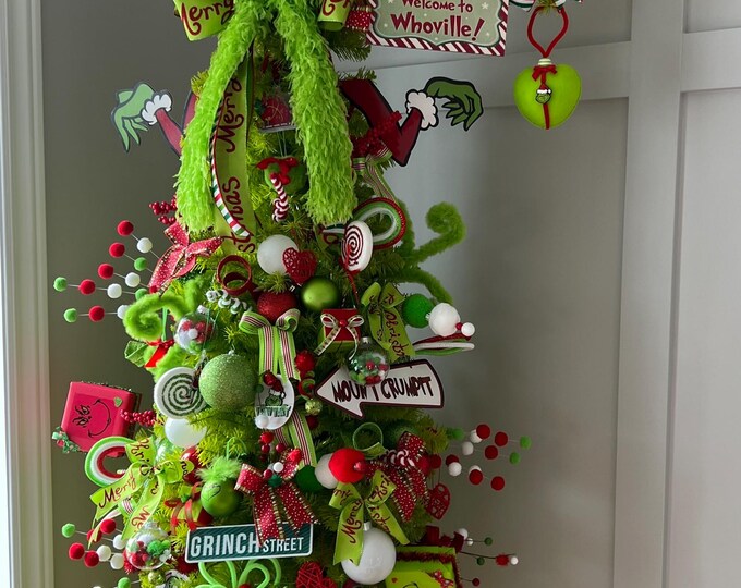 Large Leaning Grinch Style Christmas Tree, Live Edge Tree Trunk Base ...