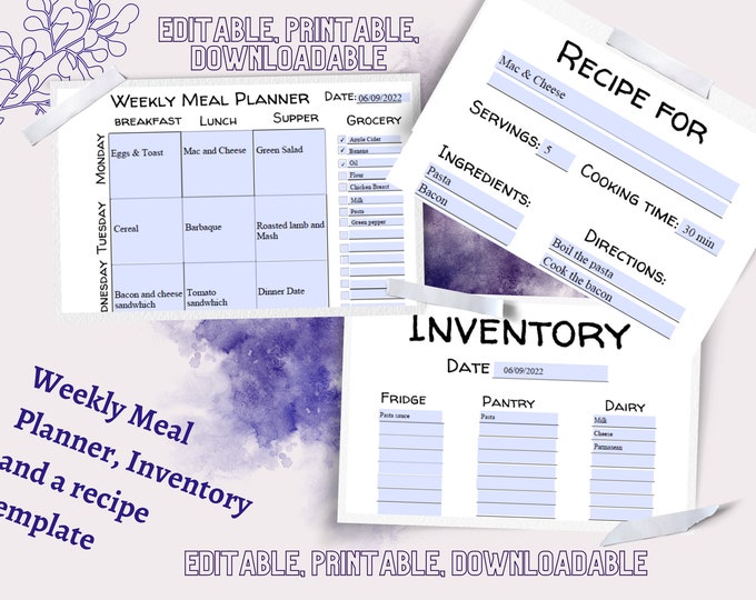 Meal Planner Kit Grocery List Printable Recipe Inventory Weekly Monthly ...