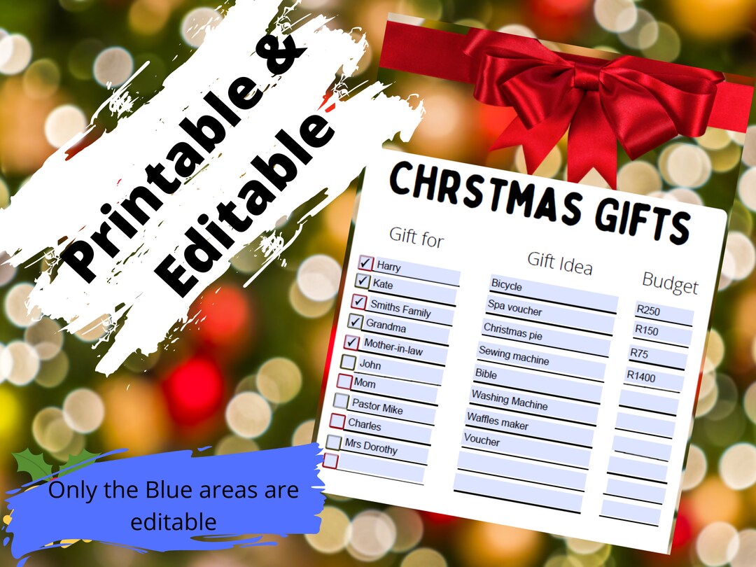 Christmas Gift to Do List, PDF Editable and Printable, Digital Download ...