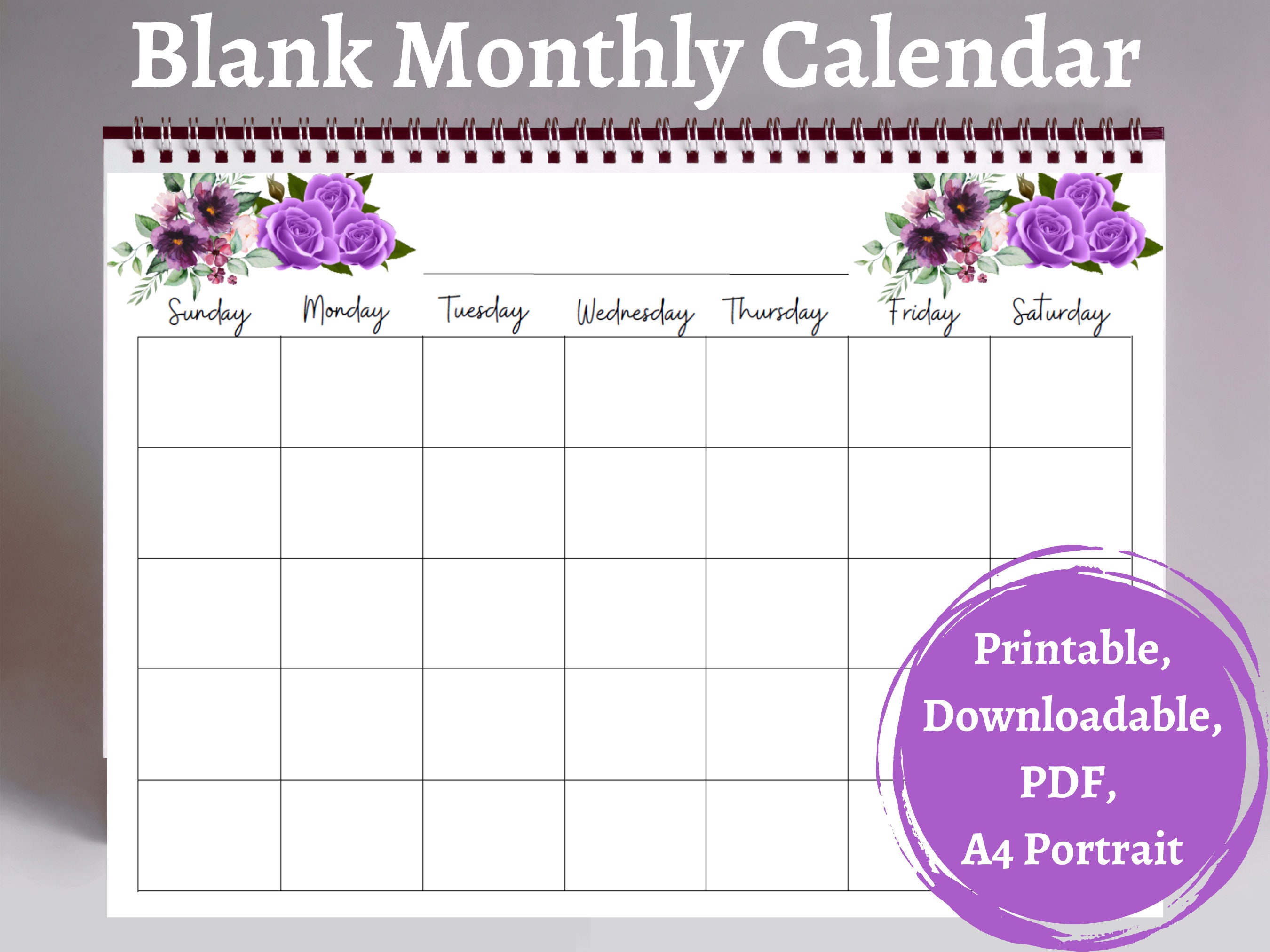 Blank Monthly Calendar, Monthly Planner Template, Sunday Start, Monday ...