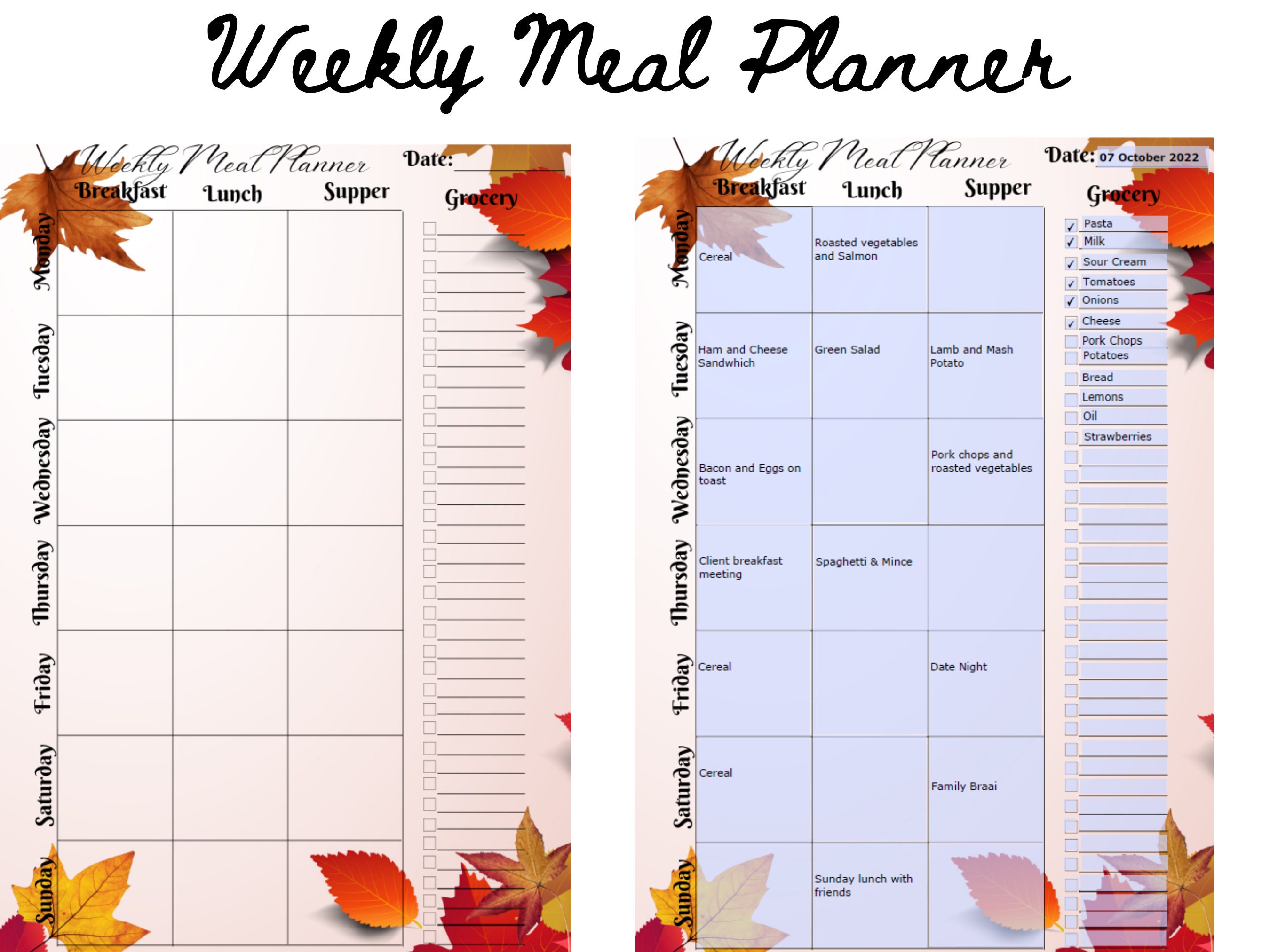 Weekly Meal Planner, Inventory and Recipe Template, Editable, Printable ...