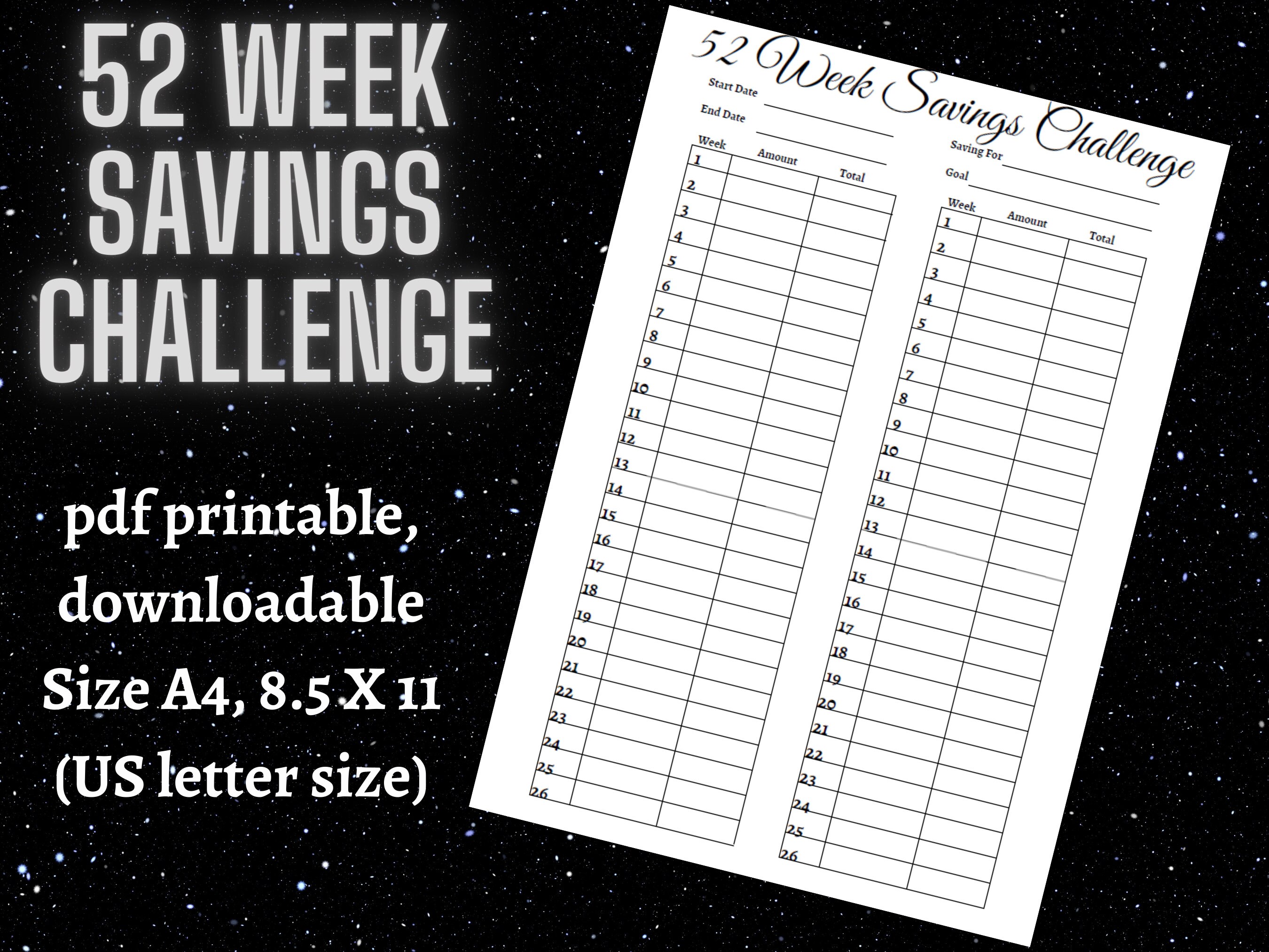 52 Week Savings Challenge, Minimalist, Savings Tracker, A4 & 8.5 X 11inc, Printable, PDF ...