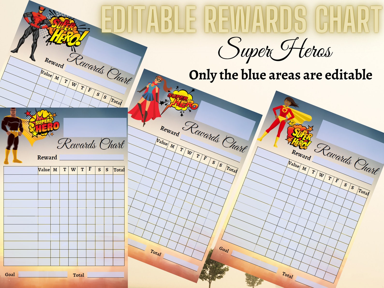 Superhero Rewards Chart, Kids Behavior Chart, Printable, Editable ...