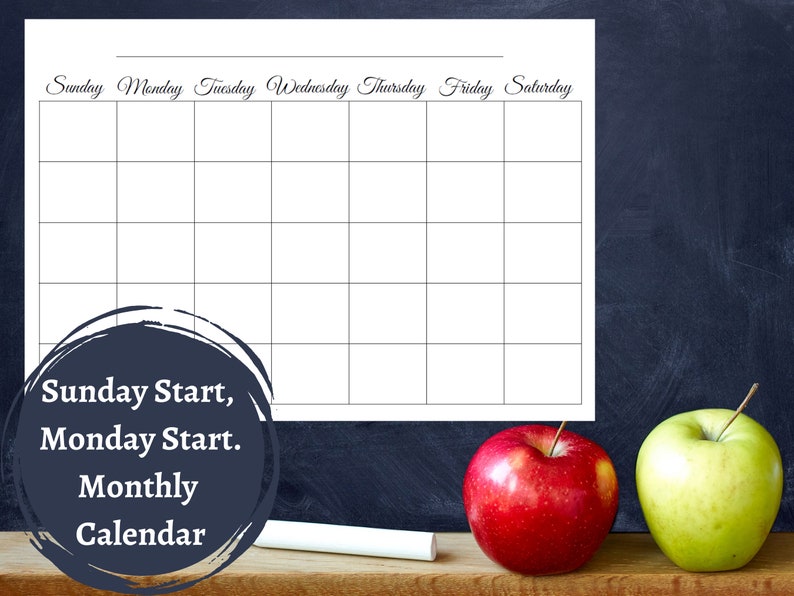Blank Monthly Calendar, Sunday Start, Monday Start, Minimalist, Goals ...