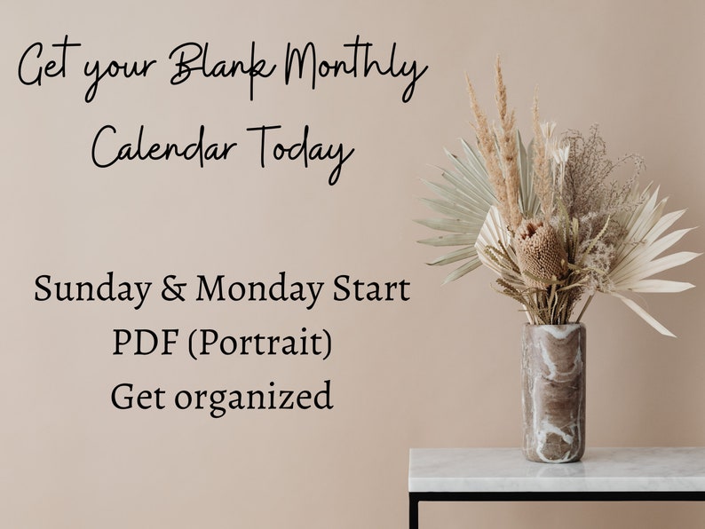 Blank Monthly Calendar, Monthly Planner Template, Sunday Start, Monday ...
