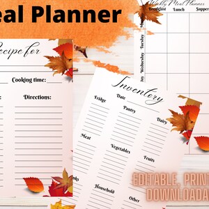 Weekly Meal Planner, Inventory and Recipe Template, Editable, Printable ...