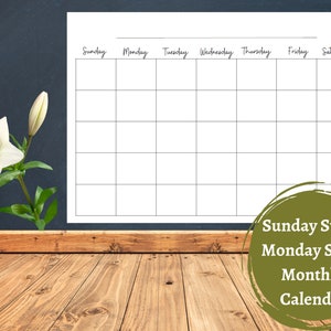 Blank Monthly Calendar, Monthly Planner Template, Sunday Start, Monday ...