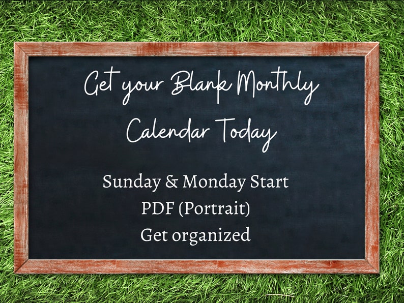 Blank Monthly Calendar, Sunday Start, Monday Start, Minimalist, Goals ...