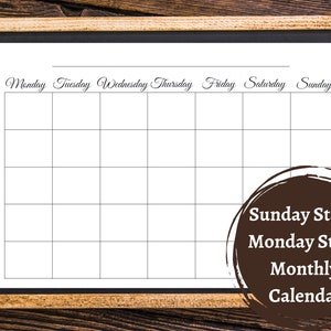 Blank Monthly Calendar, Sunday Start, Monday Start, Minimalist, Goals ...