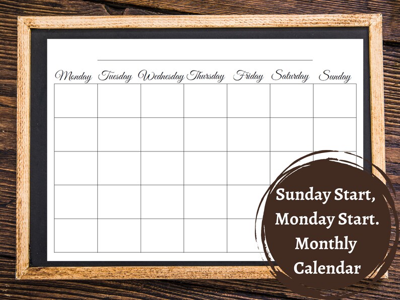 Blank Monthly Calendar, Sunday Start, Monday Start, Minimalist, Goals ...