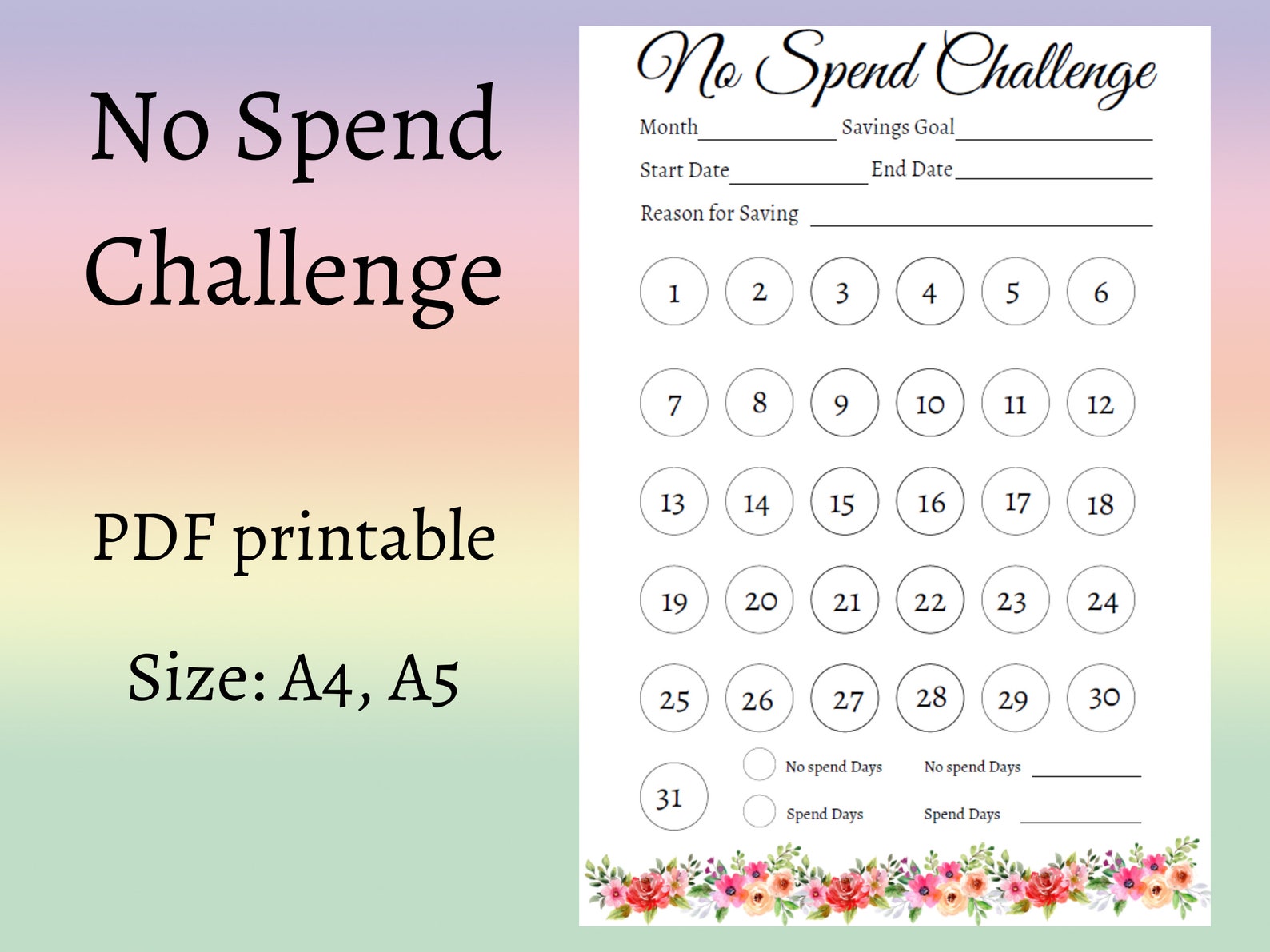 No Spend Challenge, 31 Days Monthly Challenge, Printable, Savings ...