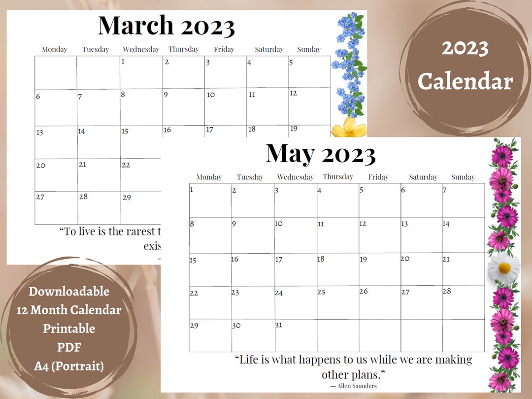 2023 Monthly Calendar, Monthly Planner Template, 12 Months, Monday ...
