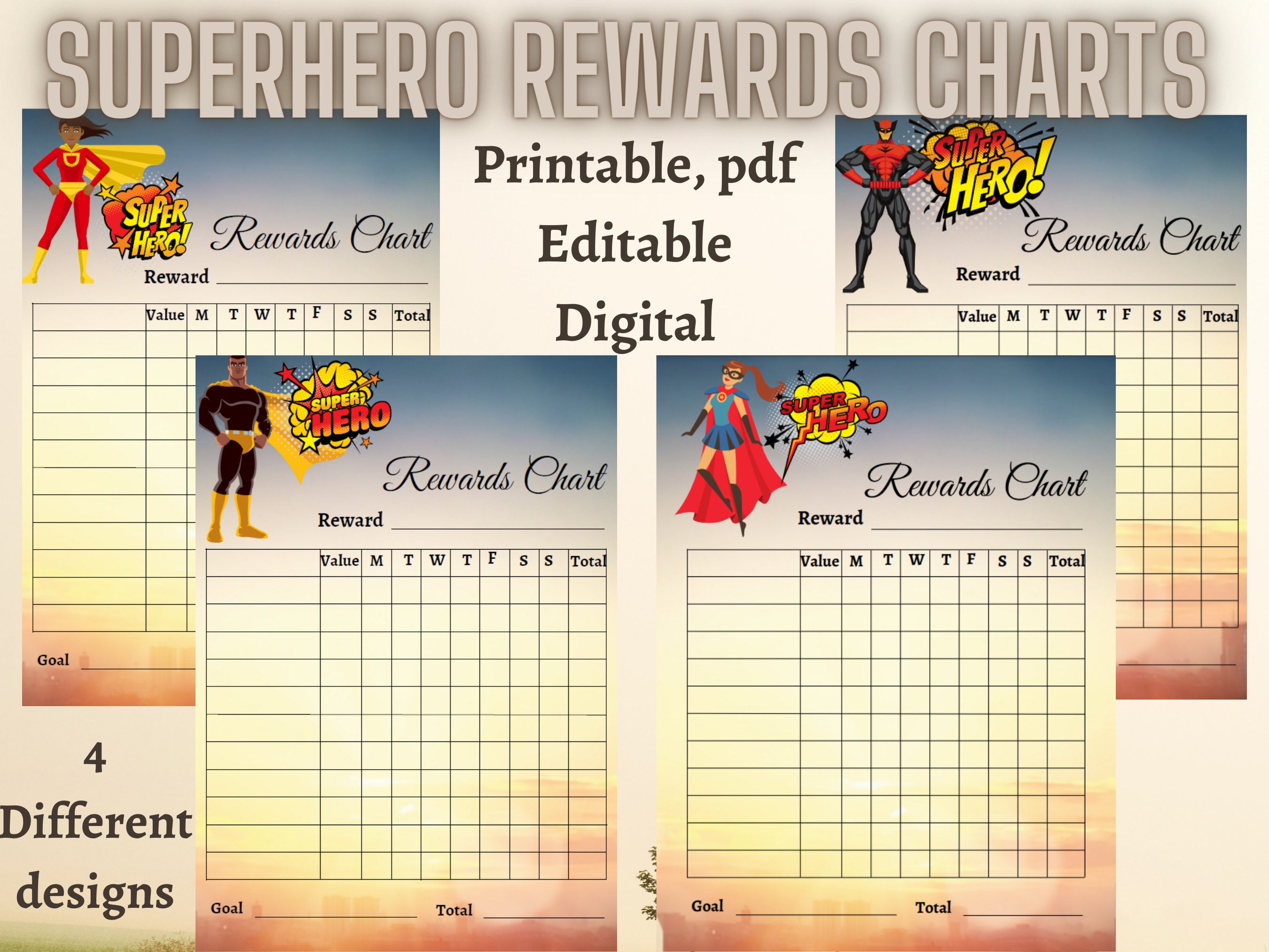 Superhero Rewards Chart, Kids Behavior Chart, Printable, Editable ...