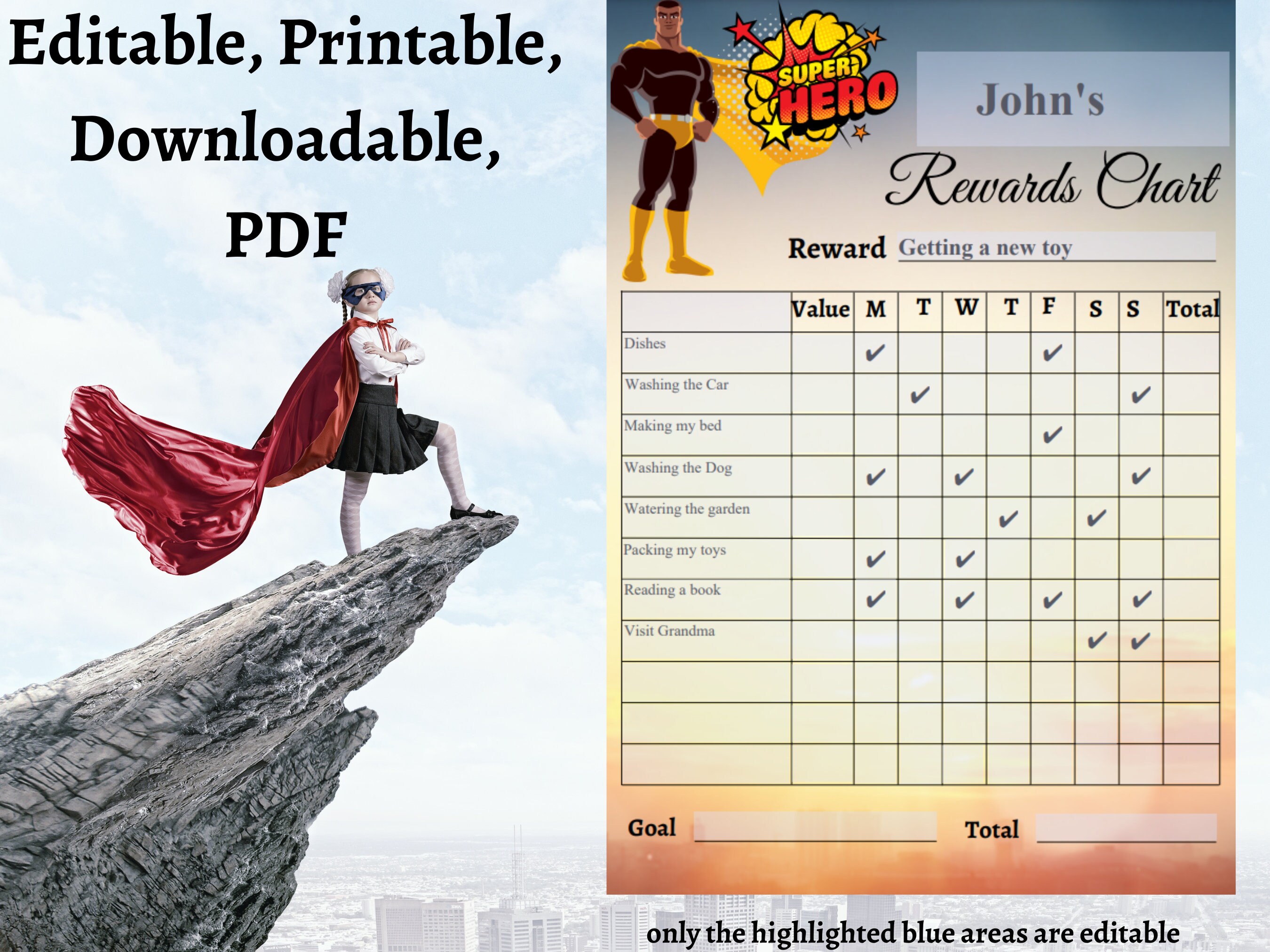 Superhero Rewards Chart, Kids Behavior Chart, Printable, Editable ...