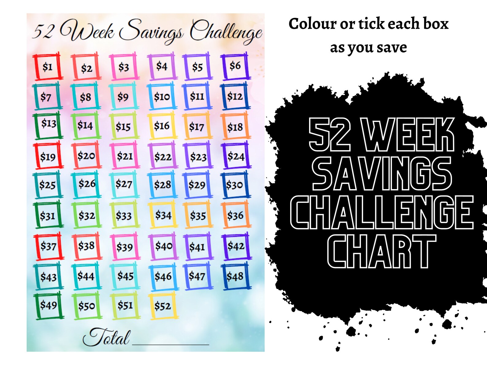 52 Week Savings Challenge, Colorful, Savings Tracker, A4 & 8.5 X 11inc,digital, Printable ...