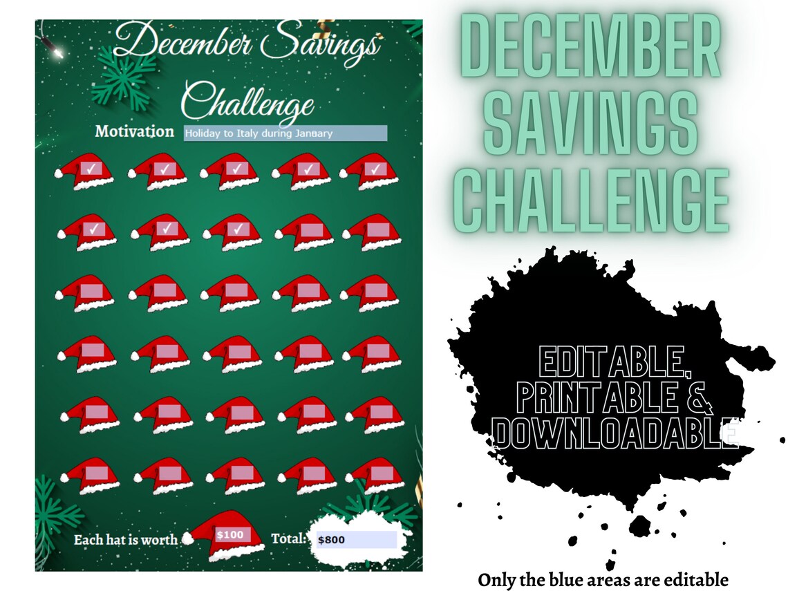 December Savings Challenge, Printable (pdf) Editable Downloadable, A4 ...