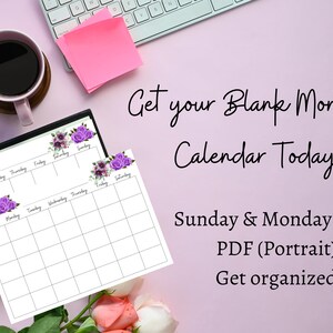 Blank Monthly Calendar, Monthly Planner Template, Sunday Start, Monday ...