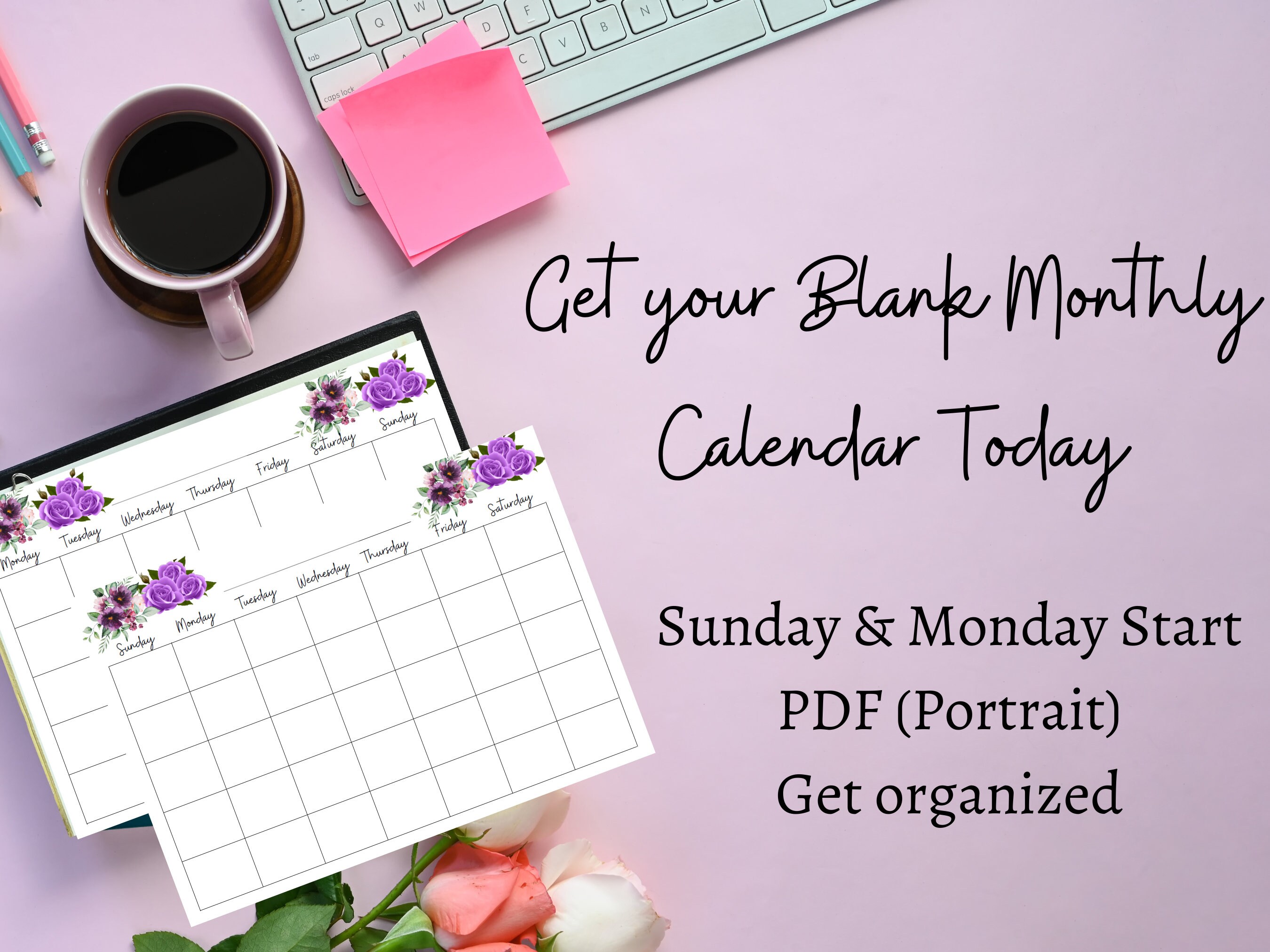 Blank Monthly Calendar, Monthly Planner Template, Sunday Start, Monday ...