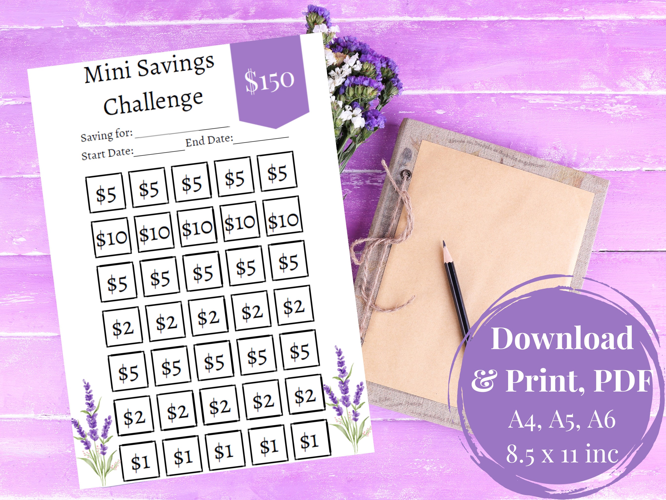 Mini Savings Challenge, Save150, Low Income Savings Challenge, Purple, PDF, A4, A5, A6, 8.5 X 11 ...