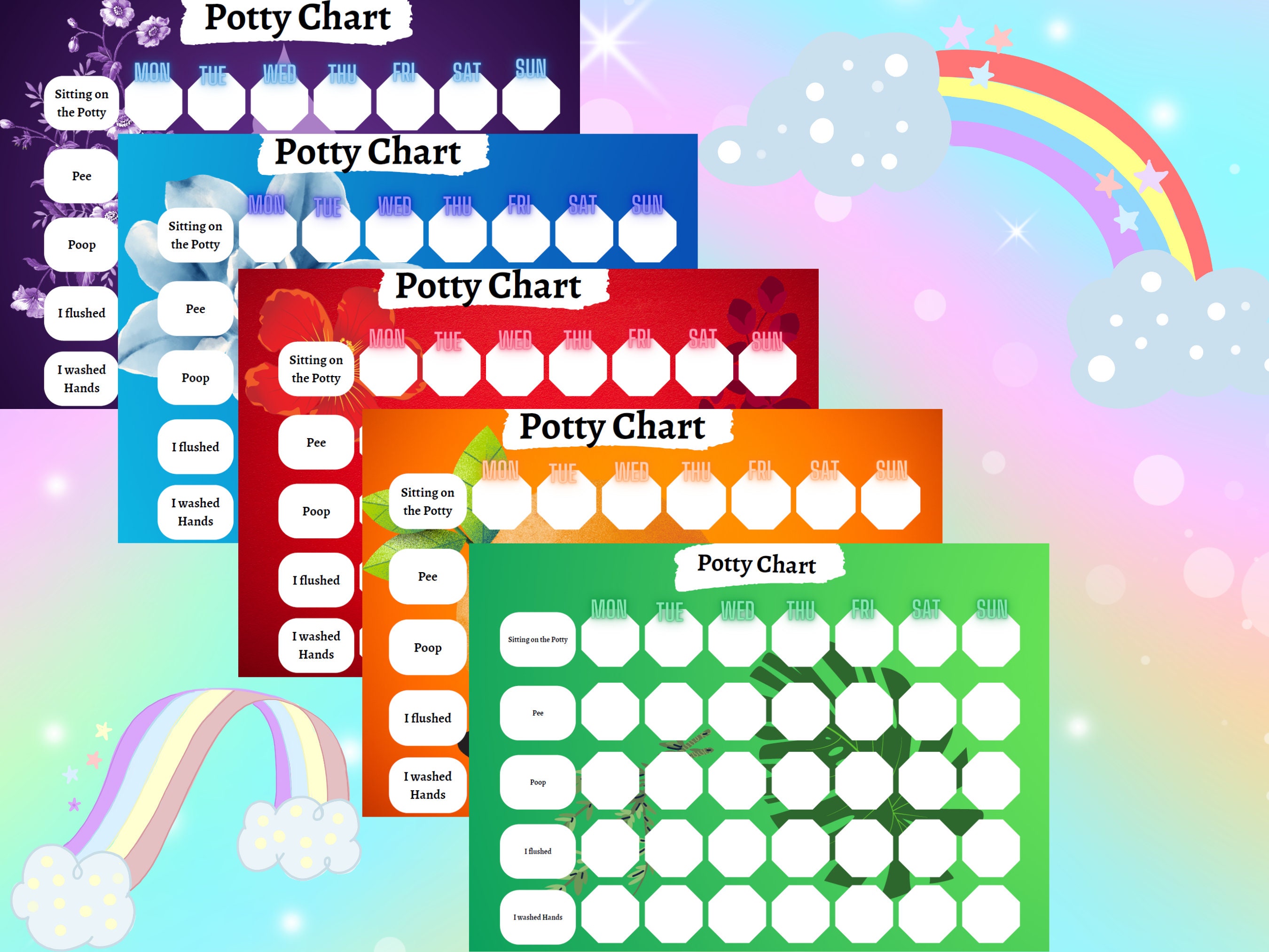 Potty Training Chart, 5 Design, Rewards Chart, Potty Training ...