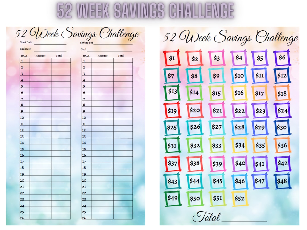 52 Week Savings Challenge, Colorful, Savings Tracker, A4 & 8.5 X 11inc ...