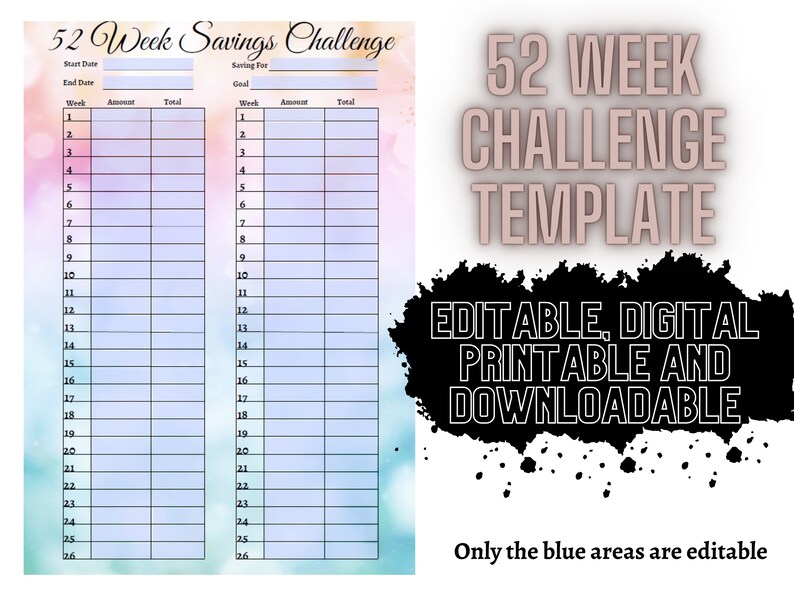 52 Week Savings Challenge, Colorful, Savings Tracker, A4 & 8.5 X 11inc,digital, Printable ...