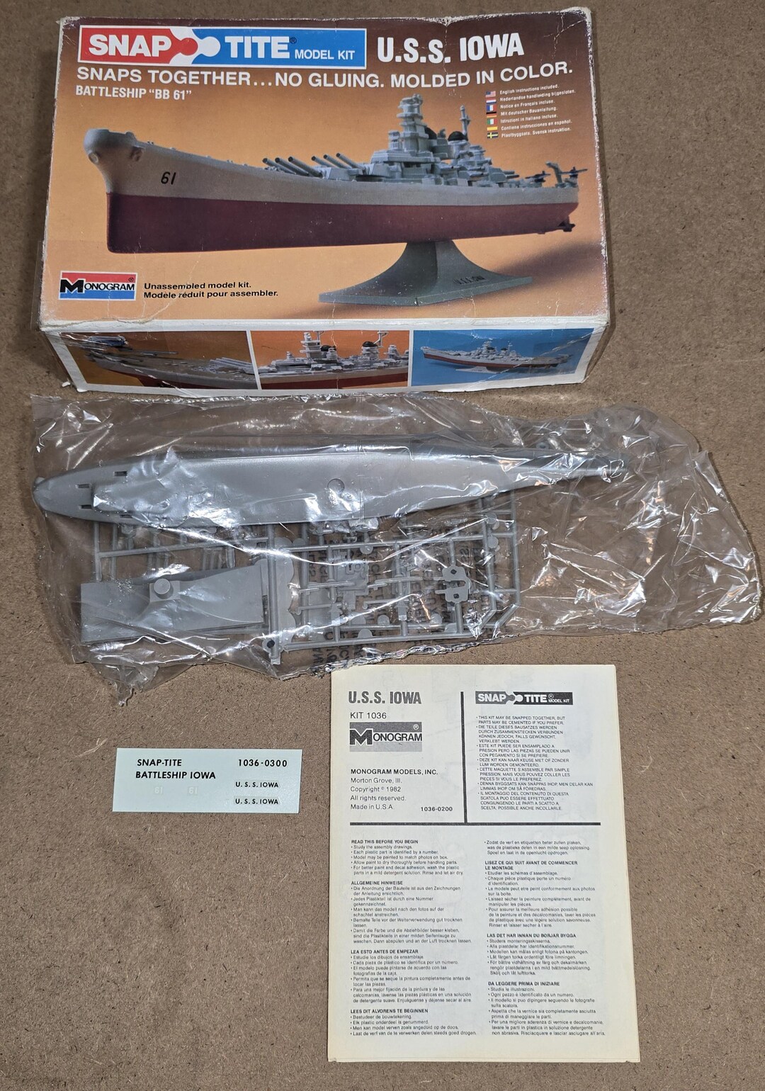 Vtg 1980 Monogram U.S.S. Iowa Snap Tite Model Kit 1036 sealed Kit Parts ...
