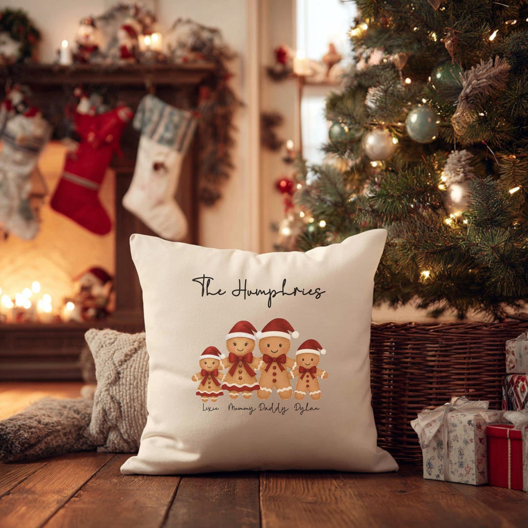 Personalised Gingerbread Family Cushion Cover | Custom Names ...
