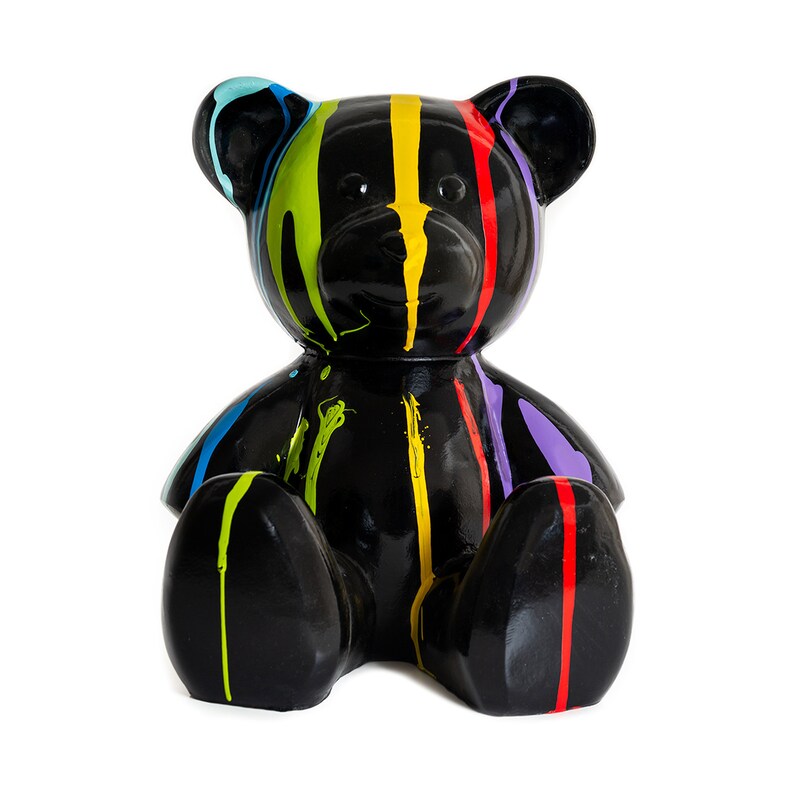 Teddy Bear Statue Black Sitting 38cm With Colorful Drip Art - Etsy