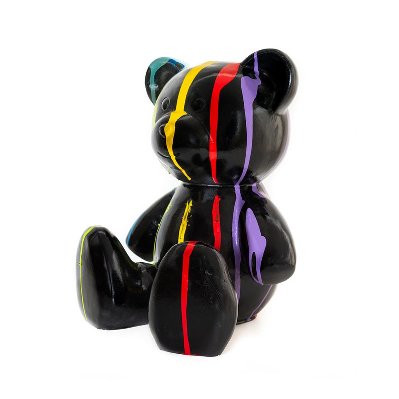 Teddy Bear Statue Black Sitting 38cm With Colorful Drip Art - Etsy