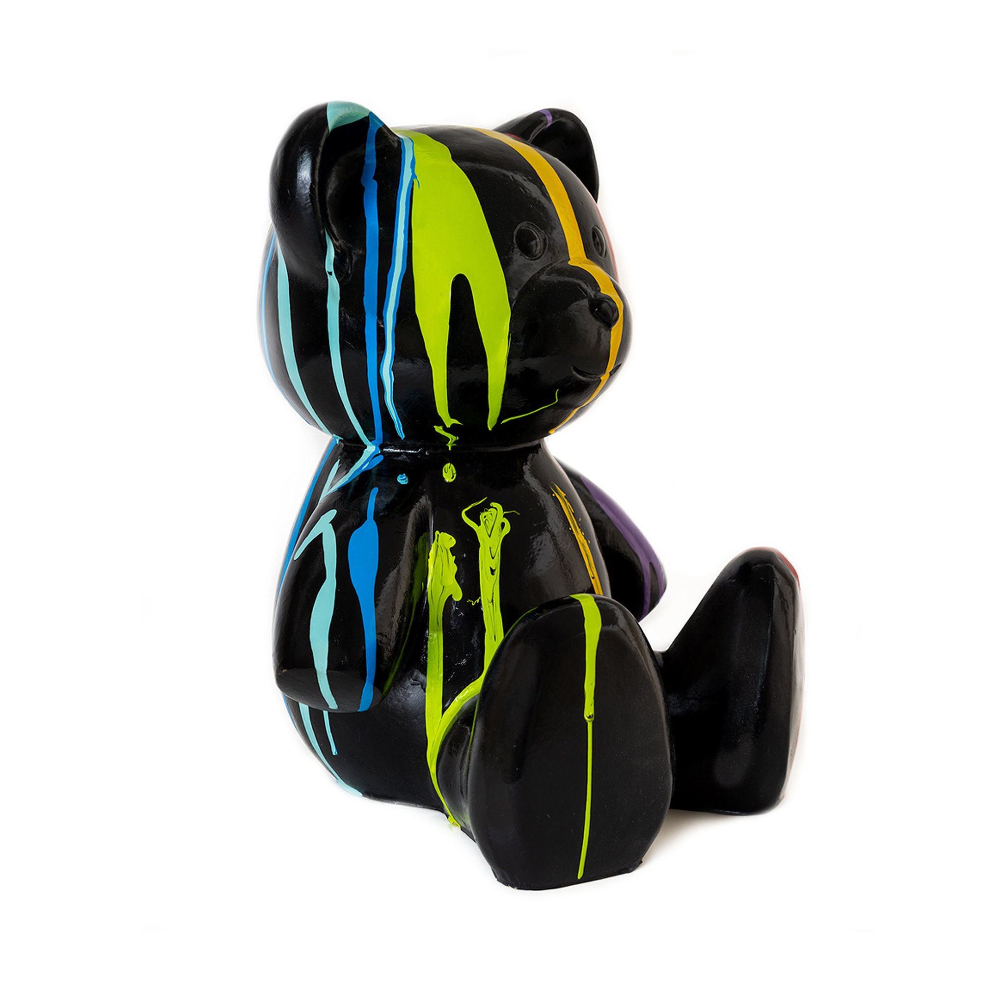 Teddy Bear Statue Black Sitting 38cm With Colorful Drip Art Resin ...