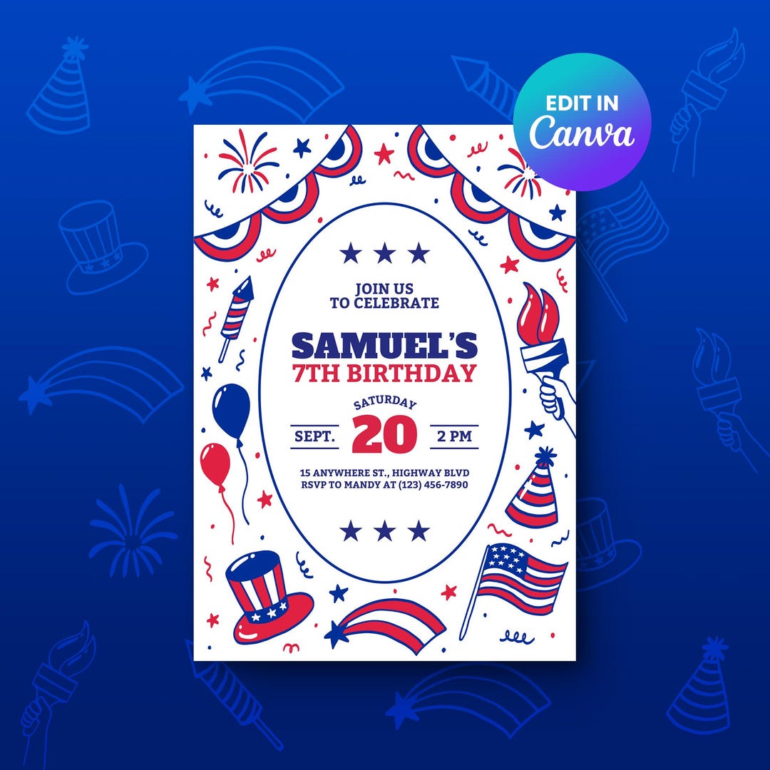Patriotic Kids Birthday Invitation Editable Fourth of July Birthday ...
