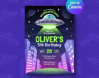 Alien Birthday Invitation UFO Party Editable Kids Birthday Invite ...