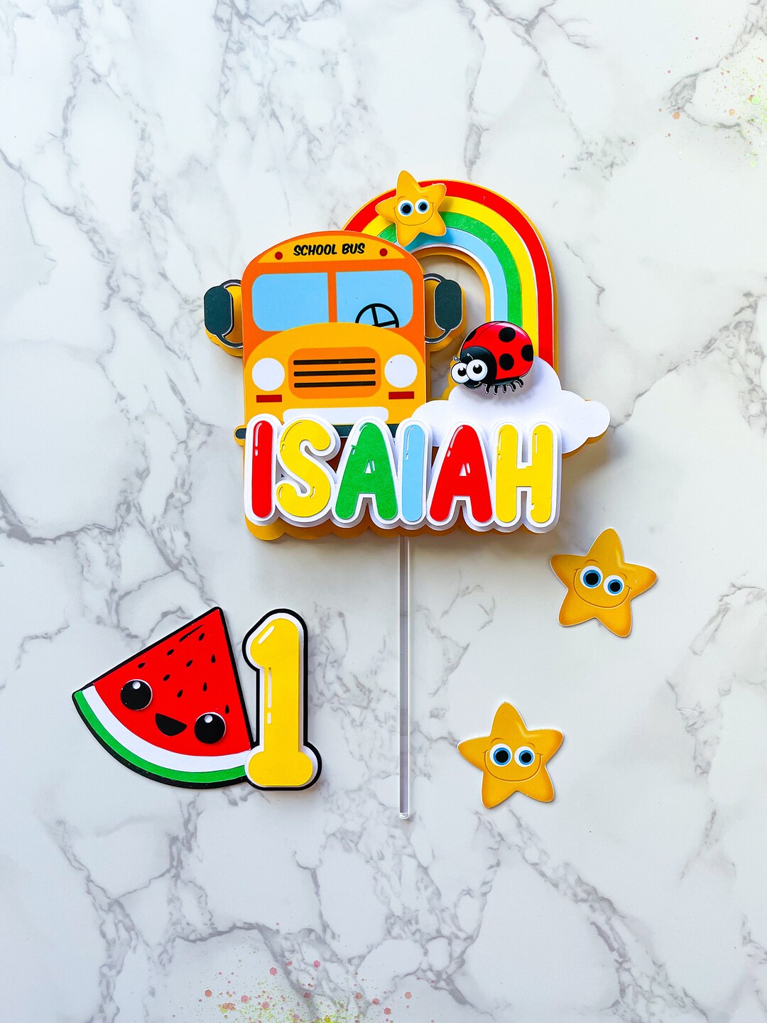 Wheels on the Bus Rainbow Cake Topper Set, School Bus Cake Topper ...