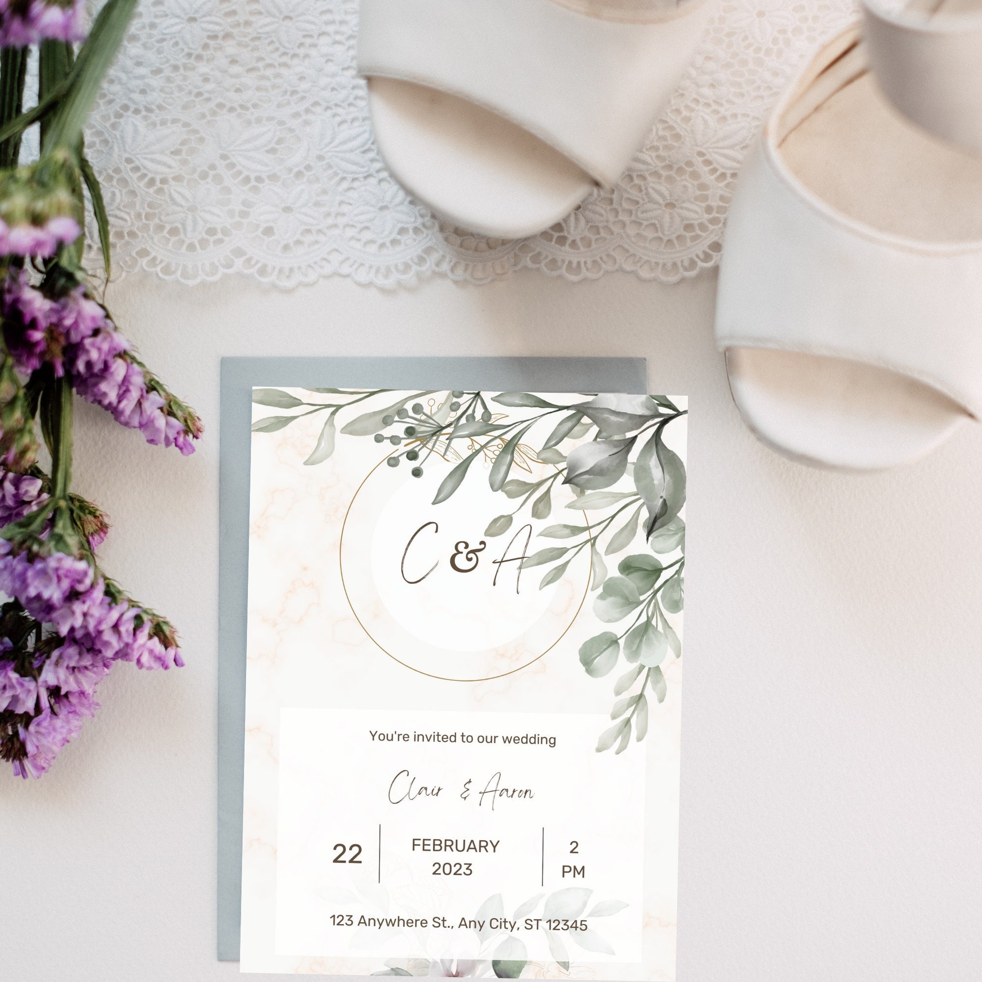 Neutral Floral Wedding Invitation | Wedding Invite Template | Wedding ...
