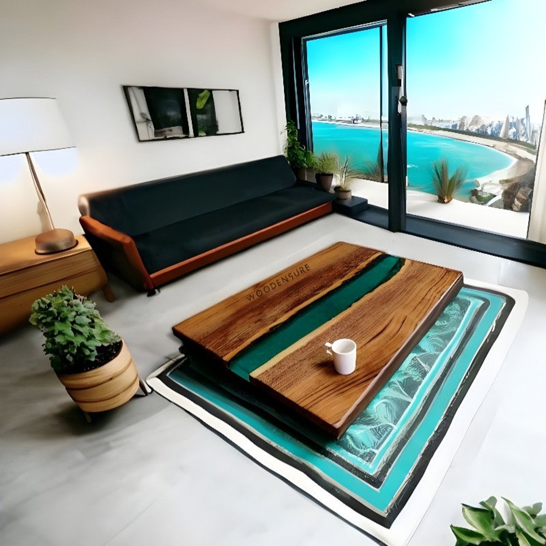 Oceanic Teal Epoxy Resin Solid Wood Centre and Coffee Table Glossy ...