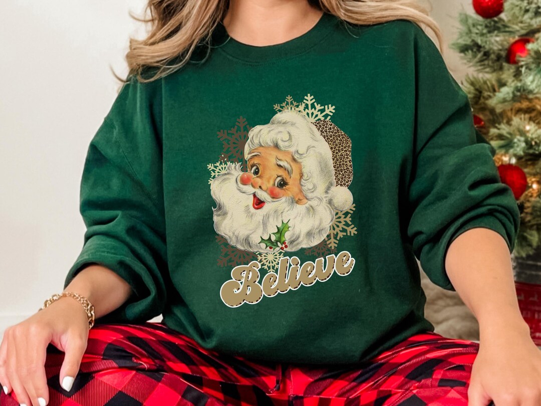 Leopard Print Santa Faux Glitter Christmas Sweatshirt, Vintage Jolly ...
