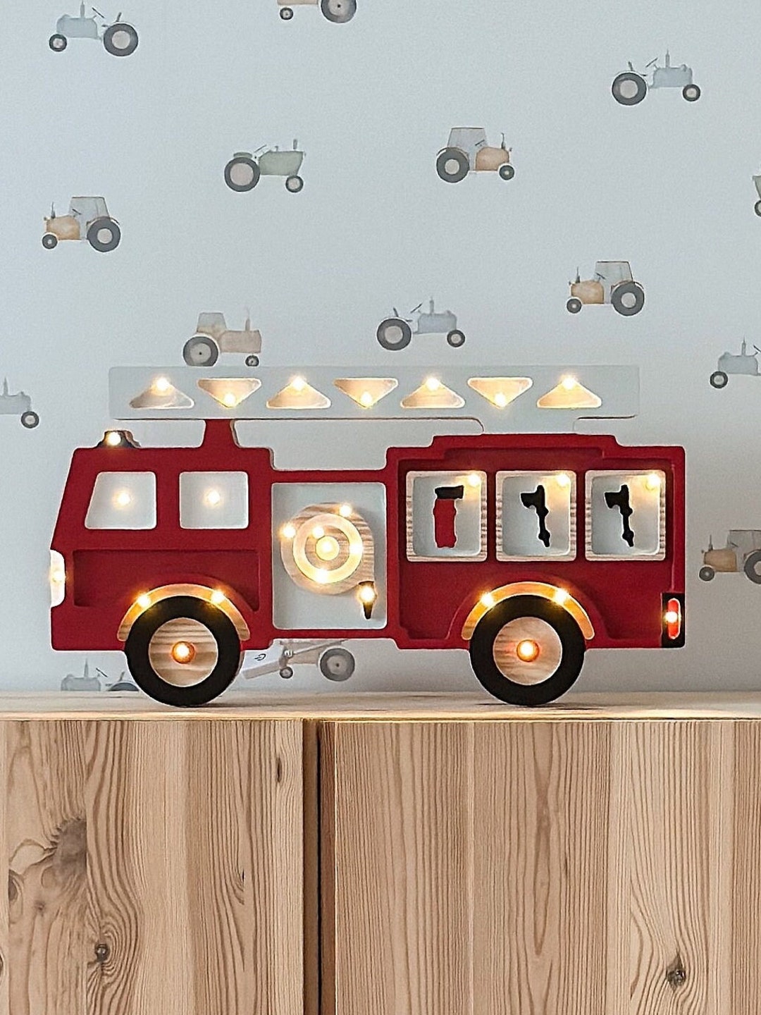 Fire Truck Wooden Night Light | Handmade Kids LED Lamp | Nursery Fire ...