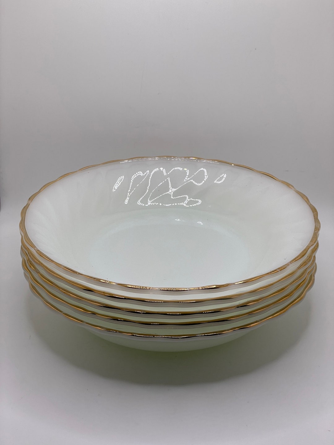 1960's Anchor Hocking Oven-proof Dinnerware Classic Milk Glass Soup Bowls With Gold Trim set of ...