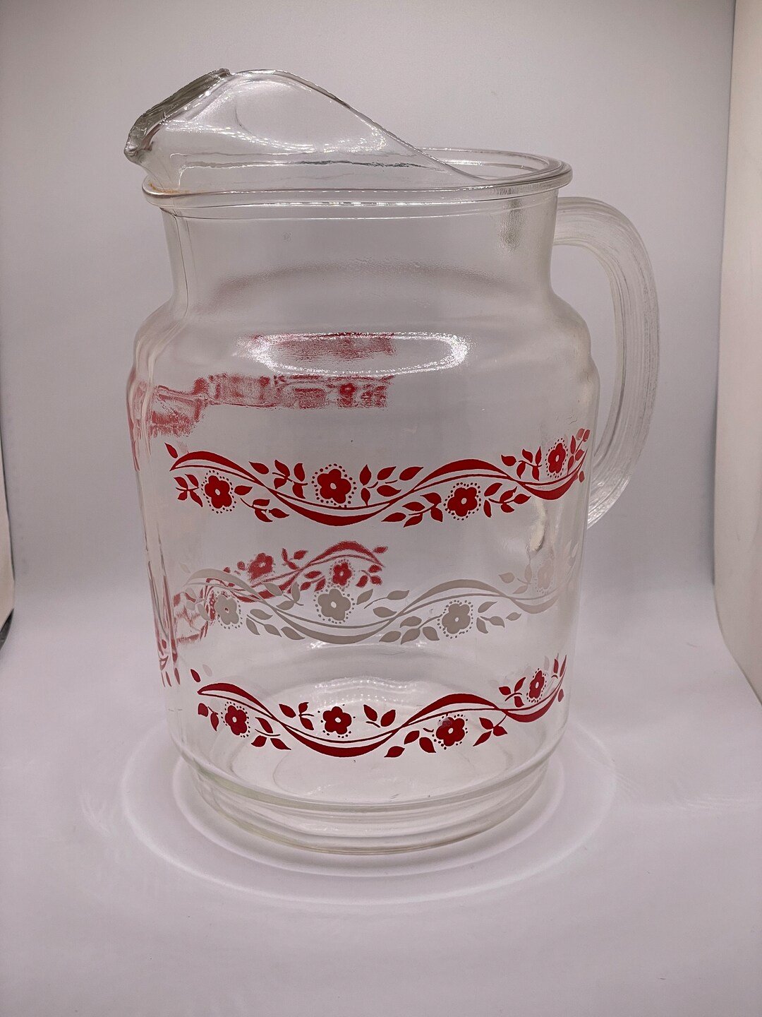 1970's Glass Red & White Floral Water Pitcher W/ Ice Lip - Etsy