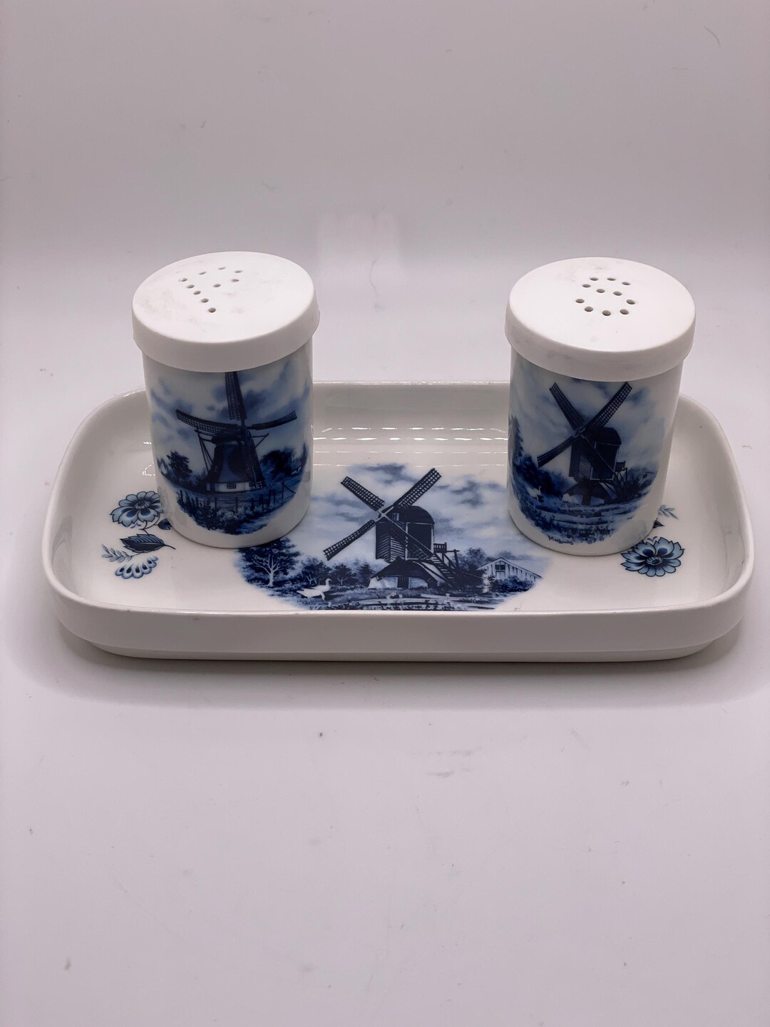 Vintage Delft Windmill Scene Salt & Pepper Shaker Set W/ Tray - Etsy