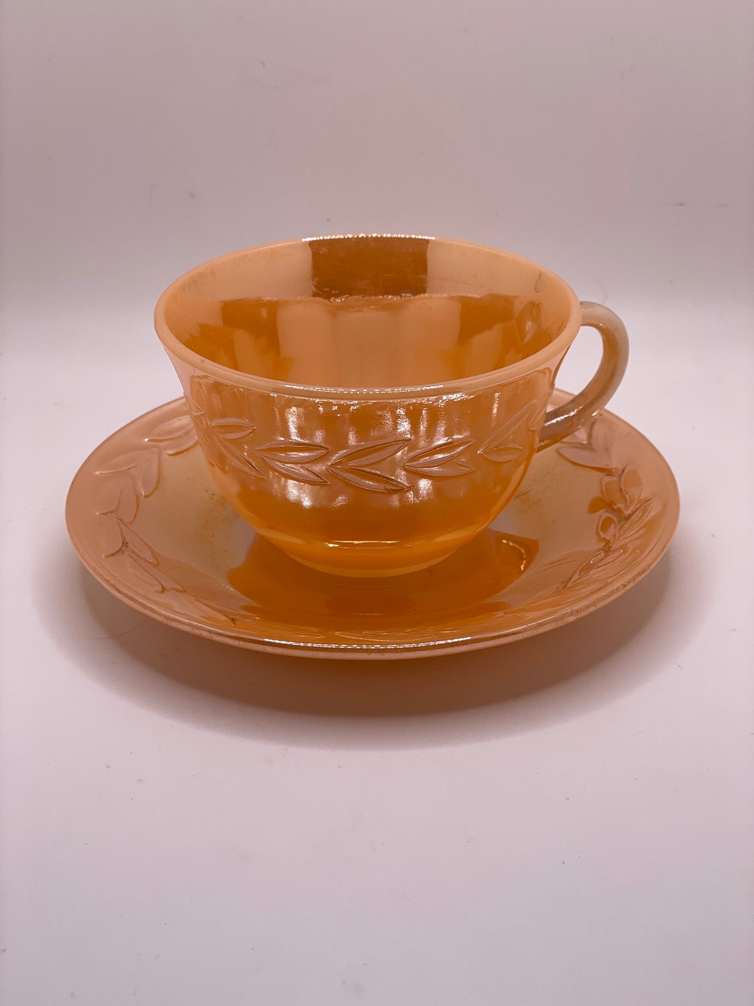 1950s Anchor Hocking Fire King Tea Cup & Saucer Set in Peach Lustre ...