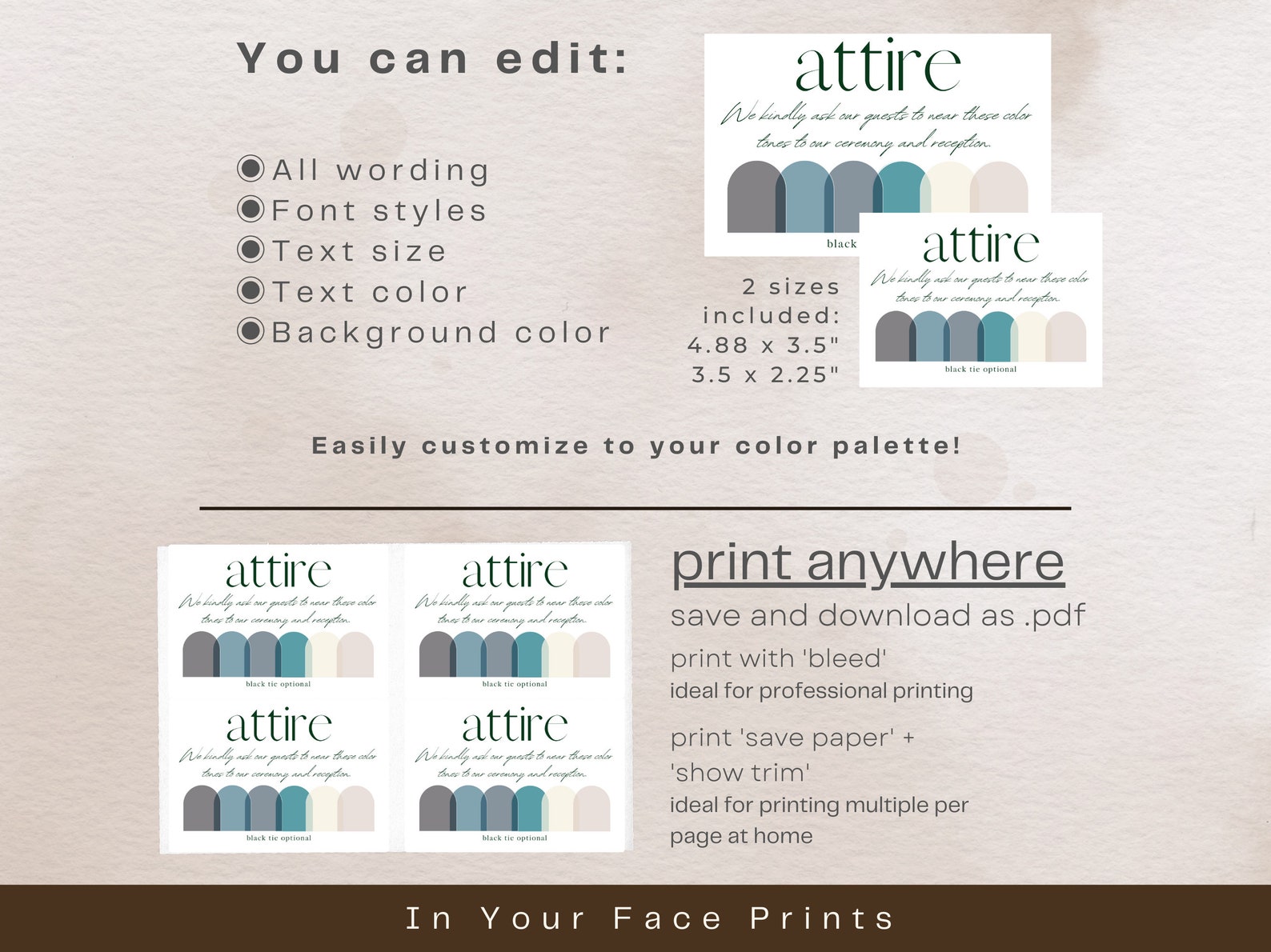 Wedding Attire Card Template, Neutral Wedding Color Palette Insert ...