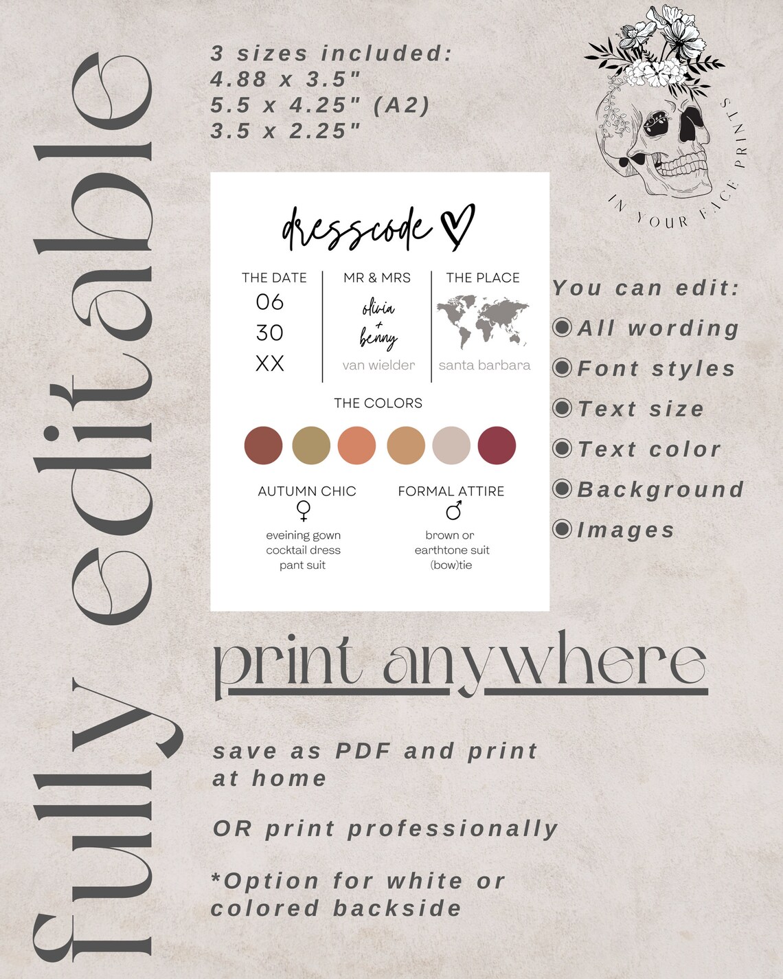 Wedding Attire Card Template Neutral Color Palette Insert Guest Dress ...